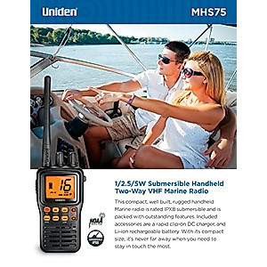 Uniden MHS75 Waterproof Handheld 2-Way VHF Marine radio, Submersible, Selectable 1/2.5/5 Watt Transmit Power. All USA/International and Canadian Marine Channels - Color Black