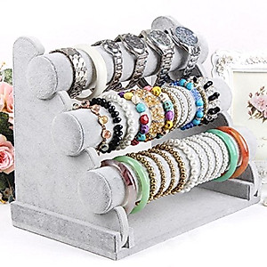 Wudygirl Triple Bracelet Holder Jewelry Display Stand Watch Bangle Bar Necklace Storage Organizer Gray (Ice Velvet 3 Tier)