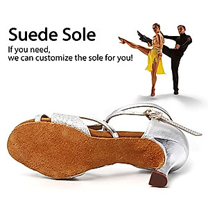 SWDZM Women Satin Latin Dance Shoes T-Strip Ballroom Salsa Chacha Performance Practice Dancing Shoes,809 Heel 3",Silver 7.5 US