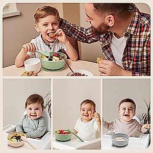 Yoofoss Baby Bowls with Suction - Toddler Bowls with Lids - 100% Silicone Baby Feeding Set include 2 Pack of Suction Bowls, Forks & Spoons - BPA Free - Microwave & Dishwasher Safe - Green