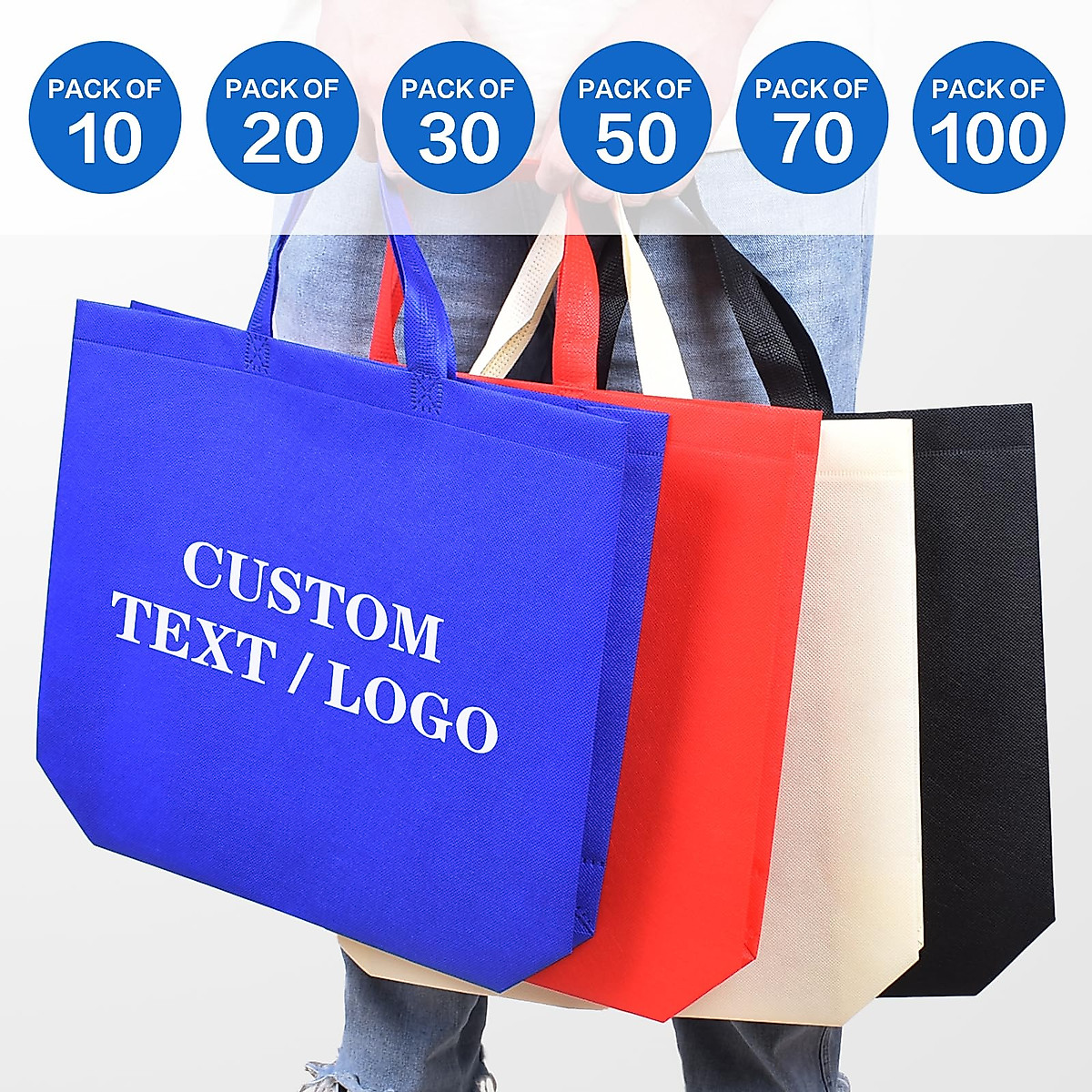 Scanect Custom Tote Bags 100 Pack, Personalized Logo Text, Bulk Grocery Bags, Reusable Shopping Bags Black