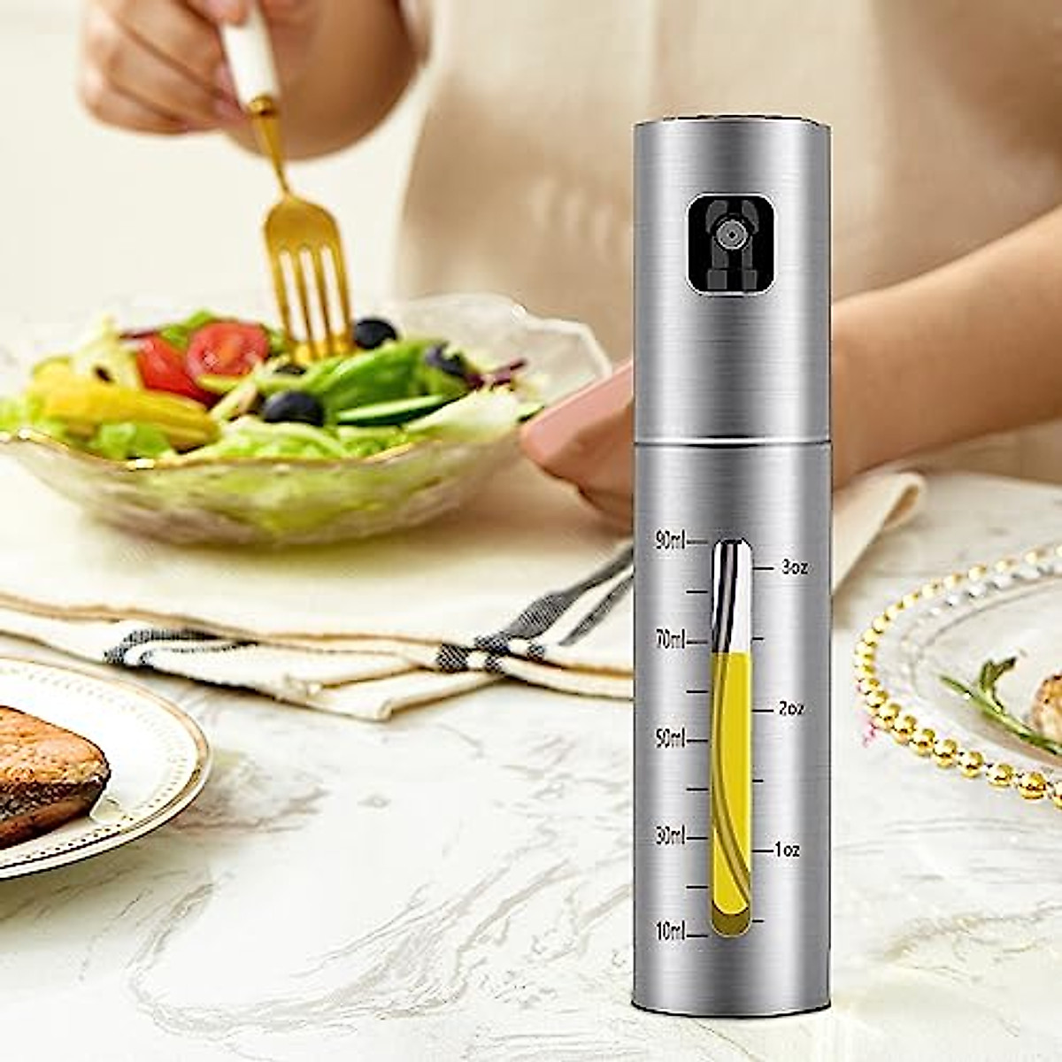 3oz Oil Sprayer for Cooking Stainless Steel, Olive Oil Spray Bottle Refillable with Trigger Scale Large Capacity Oil Mister Spray for Popcorn Salad A