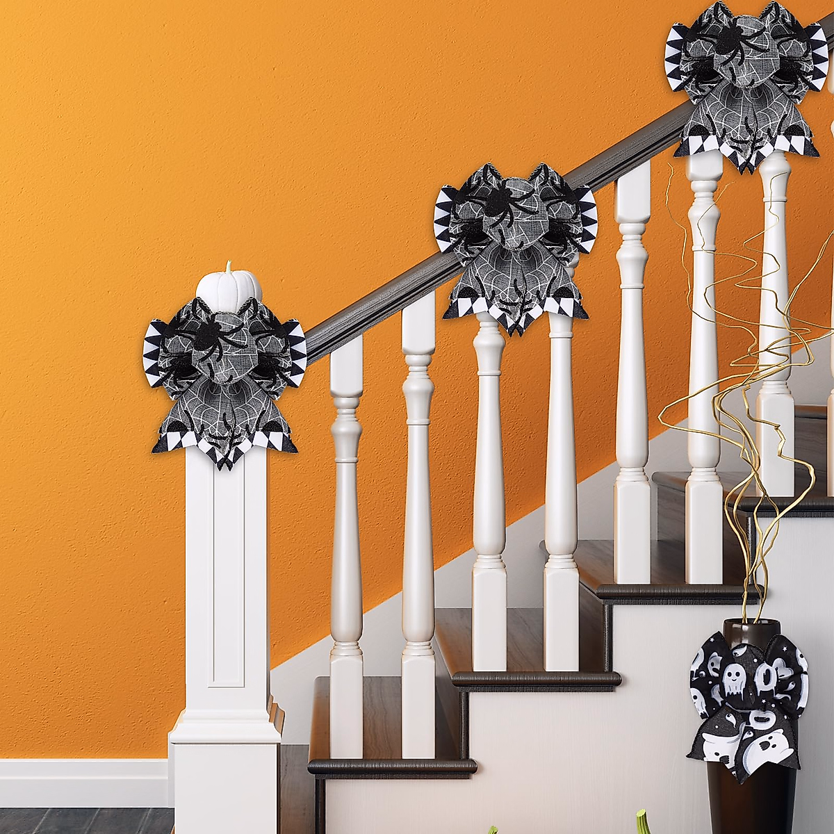 AnyDesign 30 Yards Halloween Wired Edge Ribbon 5 Roll Spooky Boo Ghost Spider Wed Checks Decorative Ribbon Black White Halloween Craft Fabric Ribbon for Wreath Bow Making DIY Gift Wrapping Supplies