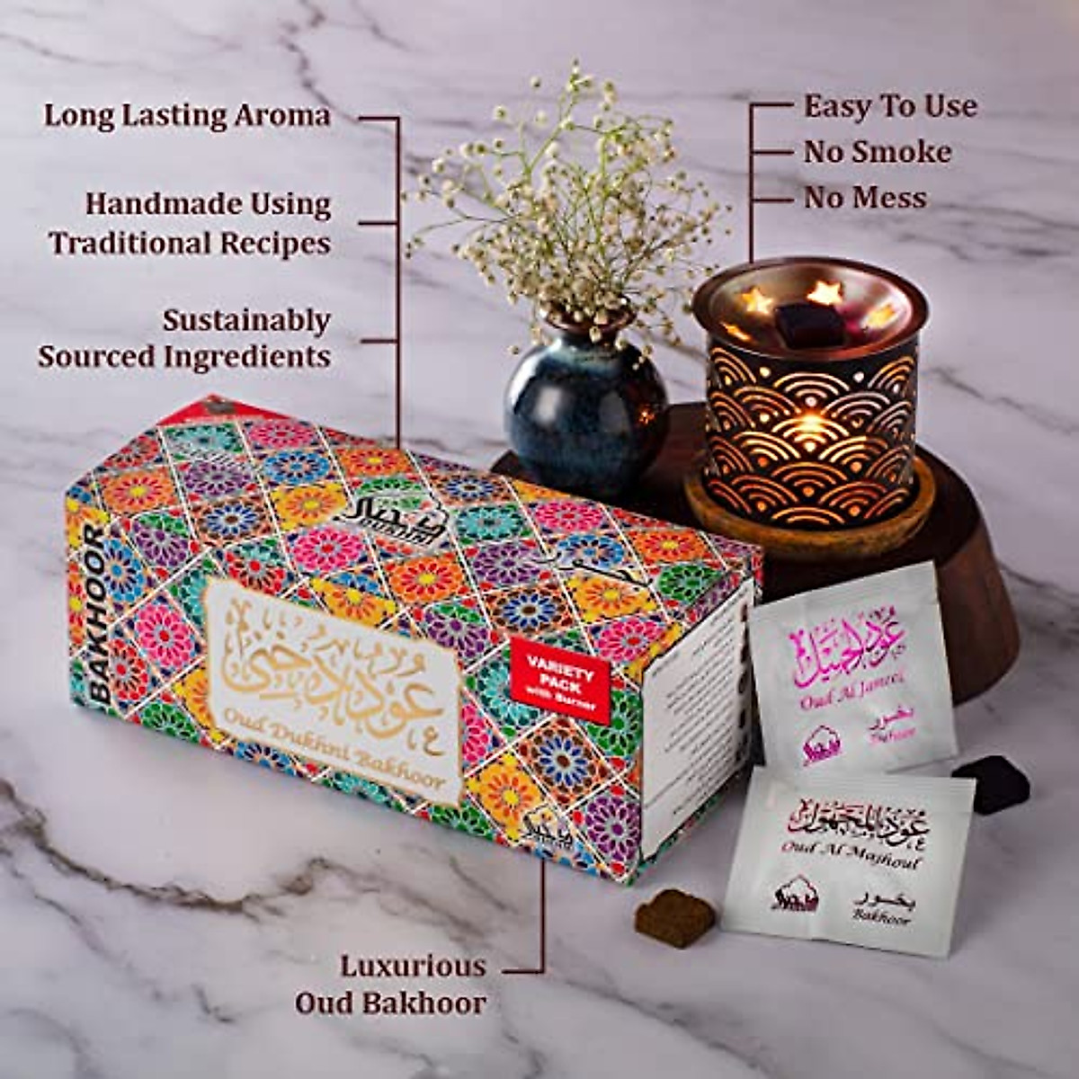 Oud Bakhoor Variety Box & Burner عود بخور مبخرشمعدان by Dukhni | Assorted Box | 20 Pieces Bakhoor | Starter Kit | Authentic Arabic Incense | Perfect Ramadan Decor & Eid Gift Hampers