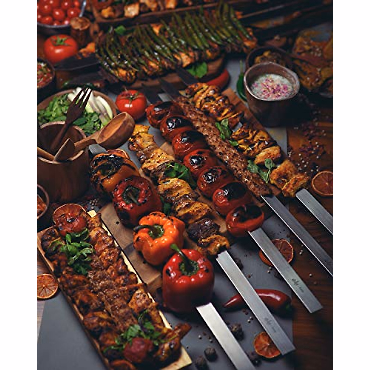 + HOM 6 Kebab 1" Wide Flat Skewers, Stainless Steel, No-Wood Handle ...