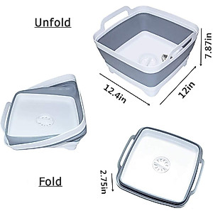 Leemeimei 9L (2.4Gallon) Dish Basin Collapsible with Drain Plug Carry Handles ,Kitchen Storage Tray Dish Wash Basin, Portable Dish Tub, Foldable Dishpan for Camping Portable Dish Washing(Gray)