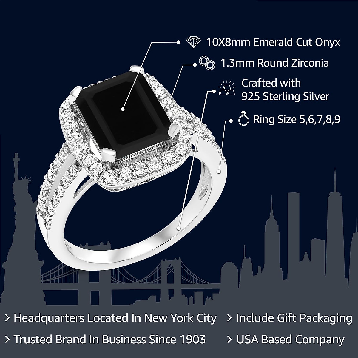 Gem Stone King 925 Sterling Silver Black Onyx Engagement Ring For Women (3.75 Cttw, Emerald Cut 10X8MM, Gemstone Birthstone, Available in size 5, 6, 7, 8, 9)