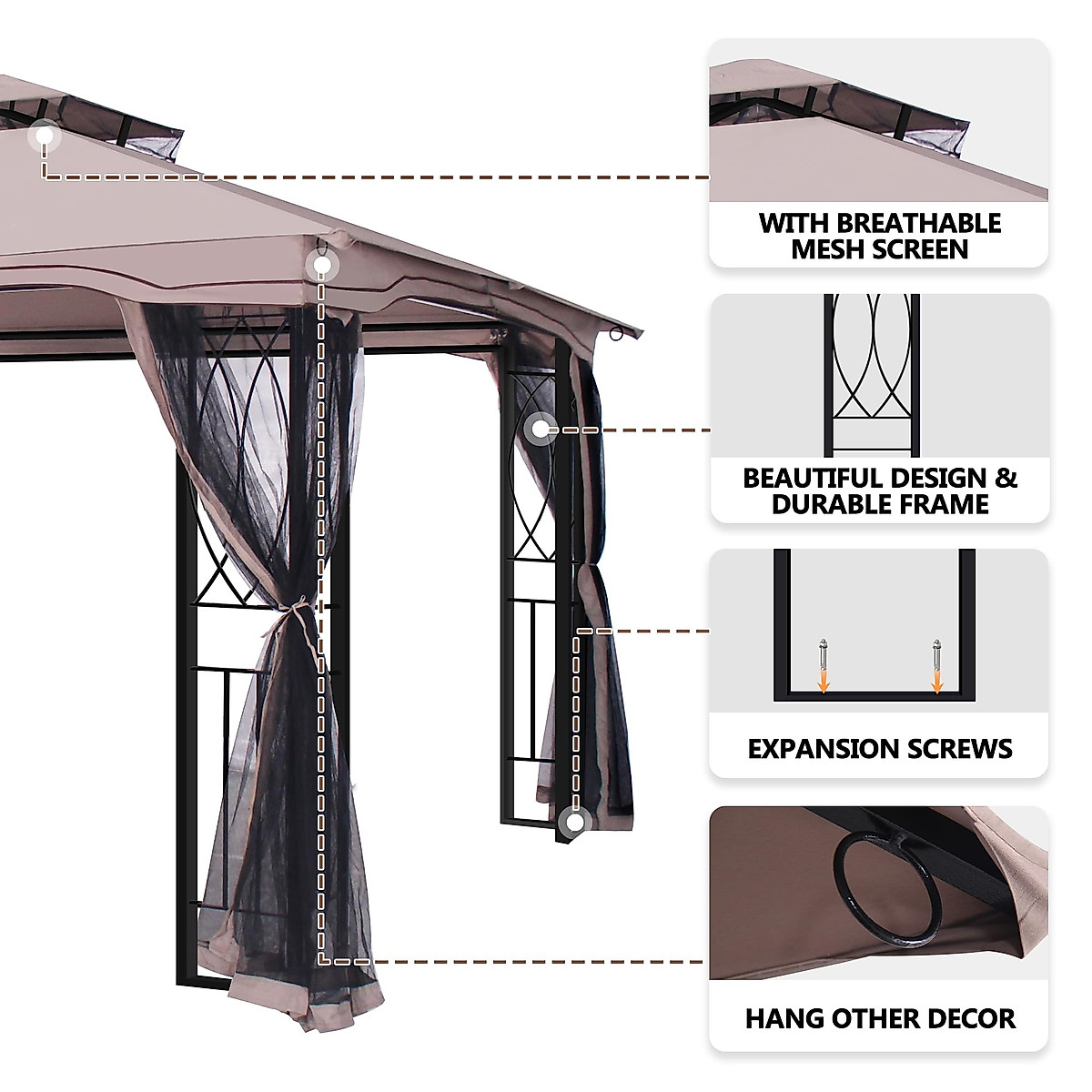 GARTOO 11'x13' Outdoor Patio Gazebo - Porch Gazebo with Polyester Roof & Breathable Netting, Best for Garden, Lawn, Backyard Deck (Taupe)