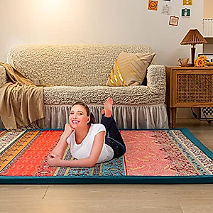 MAXYOYO Bohemian Style Area Rug Living Room Carpet, Thick Memory Foam Tatami Mat Japanese Carpet with Non-Slip Backing, 4.9 ft x 6.6 ft Large Floor Rug Mat for Bedroom