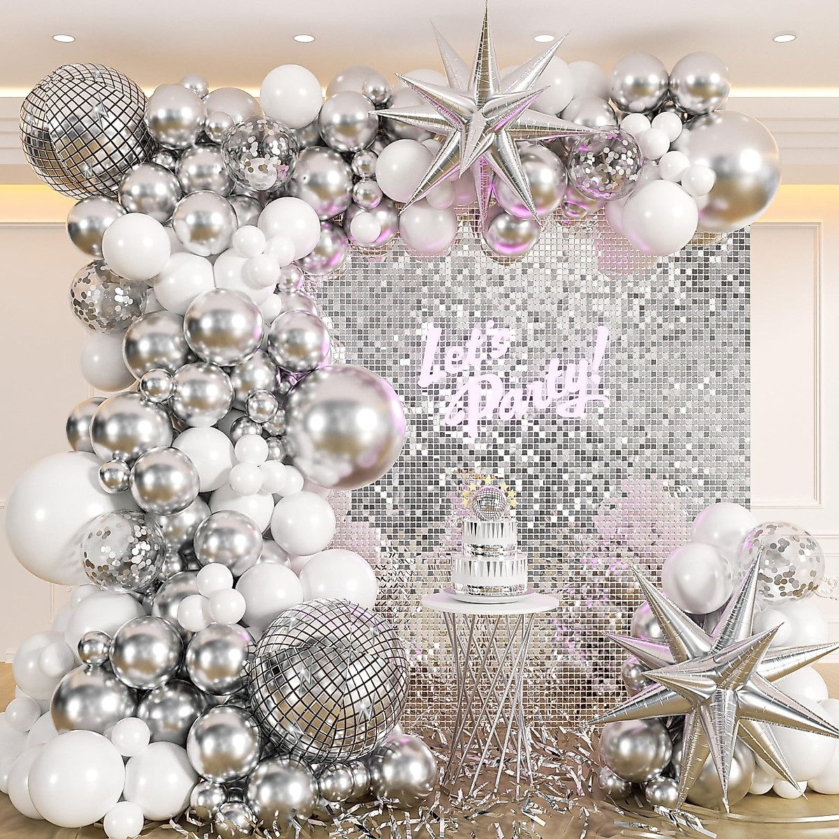 135pcs Disco Balloon Arch Garland Kit, White Silver Balloons with Disco Ball Balloons Silver Foil Balloons for Birthday Decorations Graduation Prom Decorations 2024 Disco Party Decorations