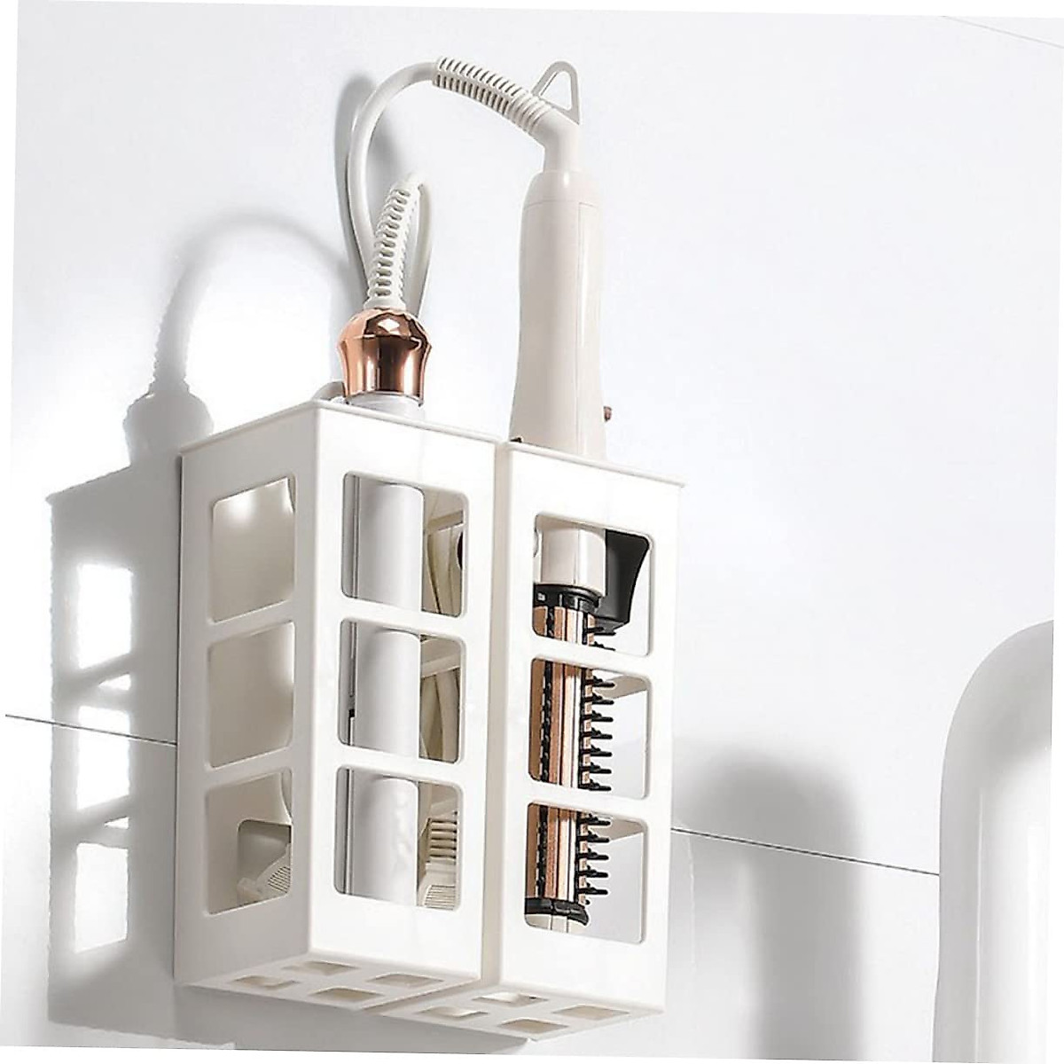 PRETYZOOM 2pcs Curling Iron Storage Box Hair Dryer Holder Wall Mounted Hairdryer Holder for Bathroom Locker Organizer Shelf Curling Steamer Brush Holder No Punching Plastic White