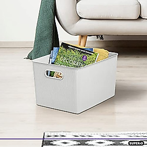 Superio Ribbed Collection - Decorative Plastic Open Home Storage Bins Organizer Baskets, White & Brown (Set of 2) 2 X-Large - Container Boxes for Organizing Closet Shelves Drawer Shelf