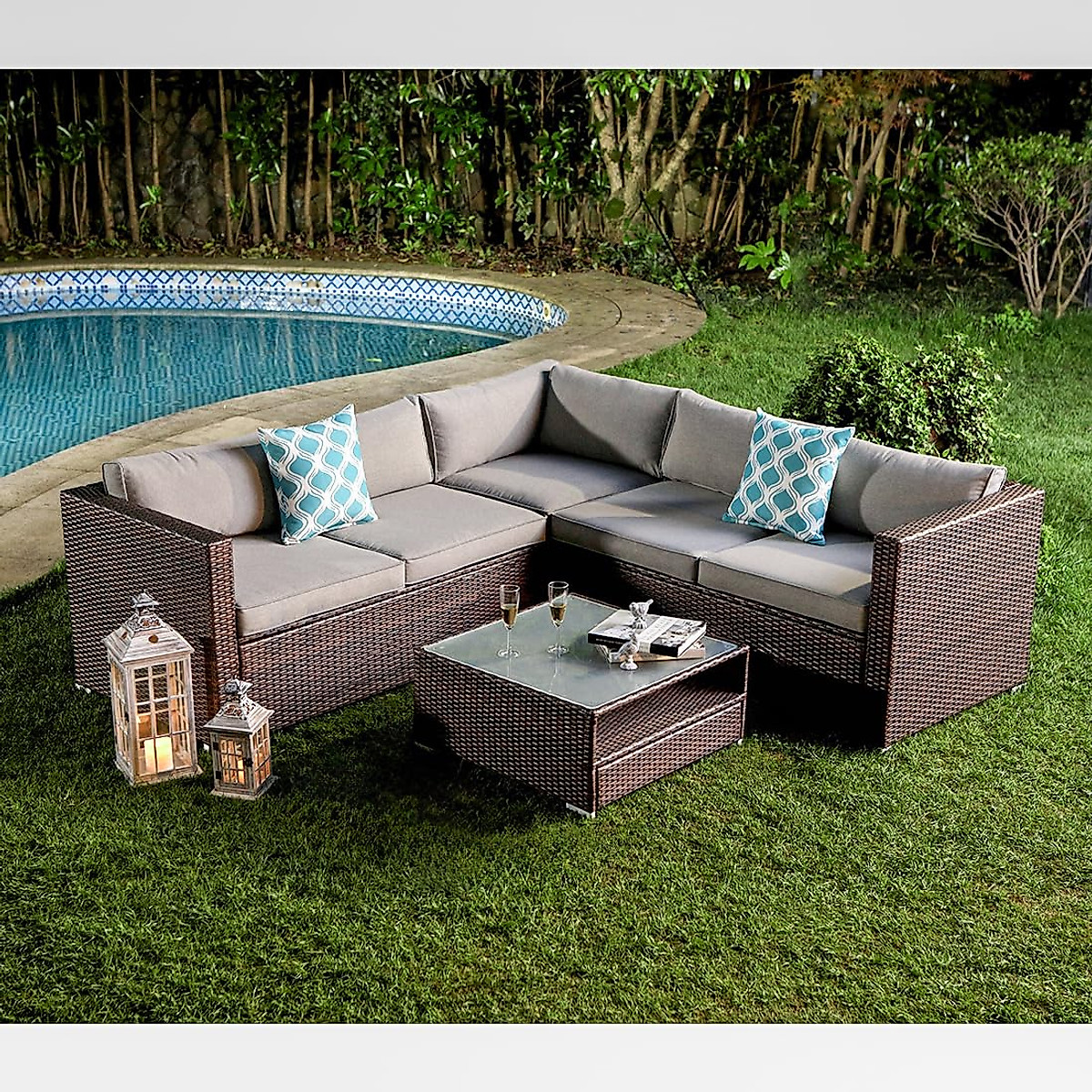 COSIEST 4-Piece Outdoor Furniture Set All-Weather Brown Wicker Sectional Sofa w Warm Gray Thick Cushions, Glass Coffee Table, 2 Teal Pattern Pillows