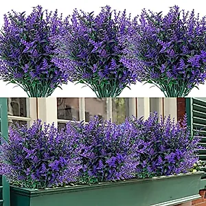CEWOR 10 Bundles Artificial Flowers Outdoors Fake Lavender Plants Indoor UV Resistant Plastic Faux Bouquets for Outdoor Home Garden Porch Decoration (Purple)