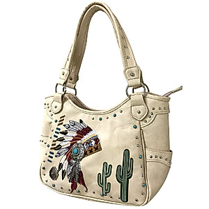 Justin West Native American Chieftain Cactus Feathers Embroidered Studded CCW Concealed Carry Shoulder Purse Handbag Wallet (Beige)