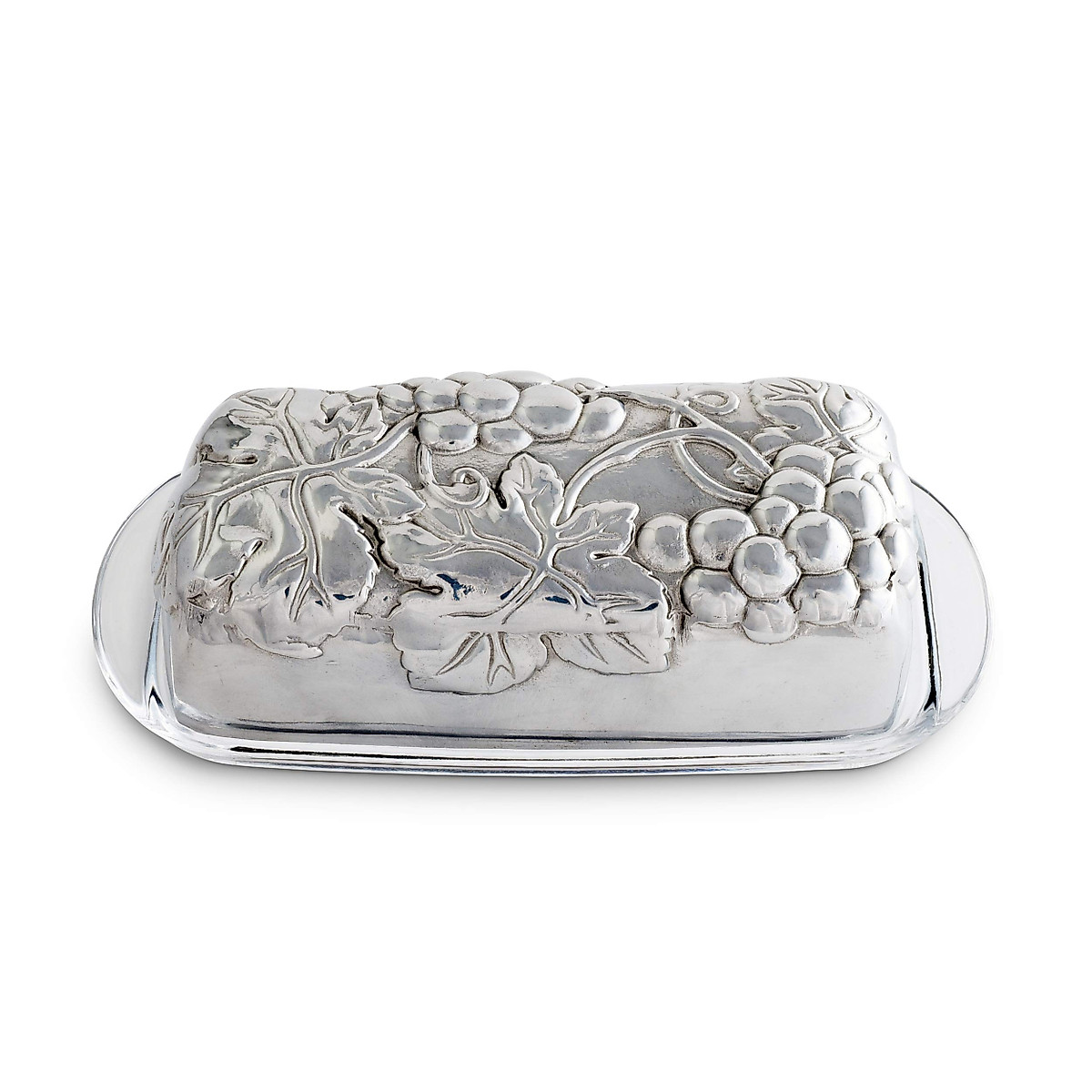 Arthur Court Designs Aluminum Grape Covered Butter Cream Cheese Dish Container Keeper Hand Polished Tarnish Free Artisan Quality with glass dish 7 inch Long