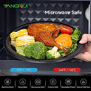 YANGRUI Reusable Plastic Plates, 9 Inch 150 Pack Food Grade Meterial BPA Free Black Dinner Plates