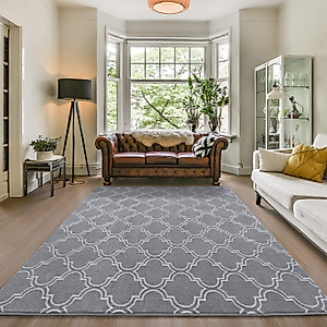 Amearea Fluffy Indoor Area Rug, Soft Trellis Moroccan Rugs for Bedroom, Shag Modern Area Rug for Living Room Kids Room Nursery, Easy Clean, Geometry Home Decor Low Pile Carpet, Light Grey 7x10 Feet