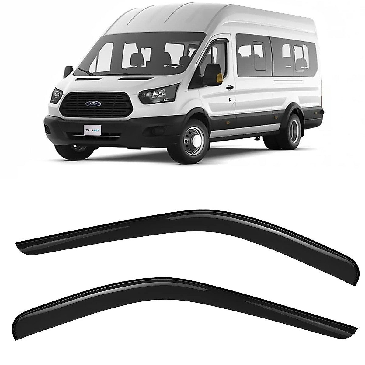 CLIM ART Incredibly Durable Rain Guards for Ford Transit 2014-2024, Original Tape-on Window Deflectors, Vent Deflector, Vent Window Visors for Cars, Dark Smoke, Car Accessories, 2pcs - 414127LP