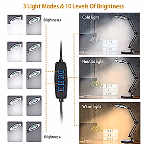 Magnifying Glass With Light And Stand, Moclever 8x Magnifying Lamp, 2-In-1 Desk Lamp & Clamp,Craft Lamp With 10 Brightness 3 Modes, Led Lighted Magnifier With Light For Close Work Reading Repair Craft