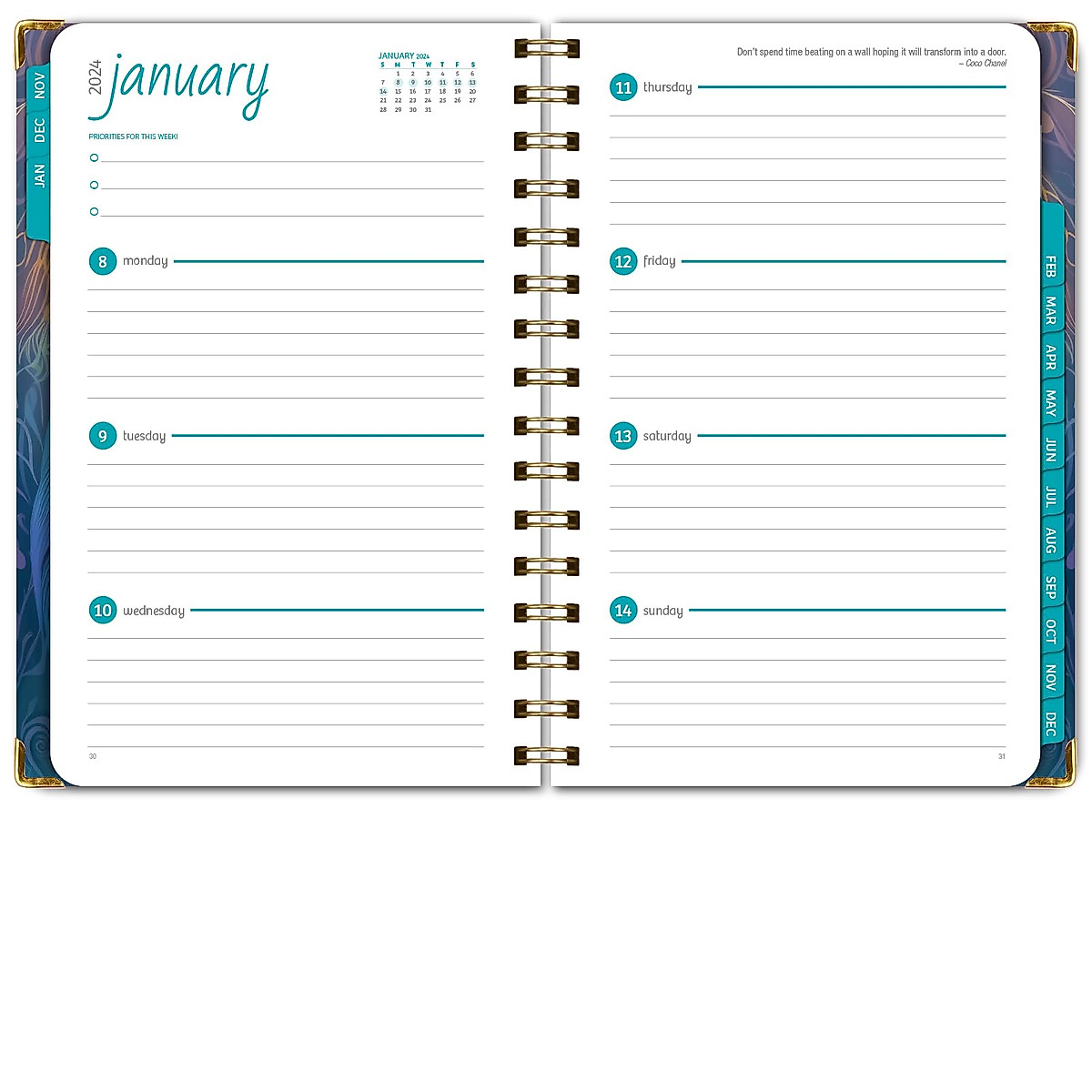 Global Printed Products HARDCOVER 2024 Planner: (November 2023 Through December 2024) 5.5"x8" Daily Weekly Monthly Planner Yearly Agenda Bookmark, Pocket Folder & Sticky Note Set (Pastel Peacock)