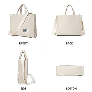 PINCNEL Corduroy Tote Bag for Women, Small Trendy Travel Satchel Handbag with Crossbody Shoulder Strap, Carry Handles, Pockets (Beige)