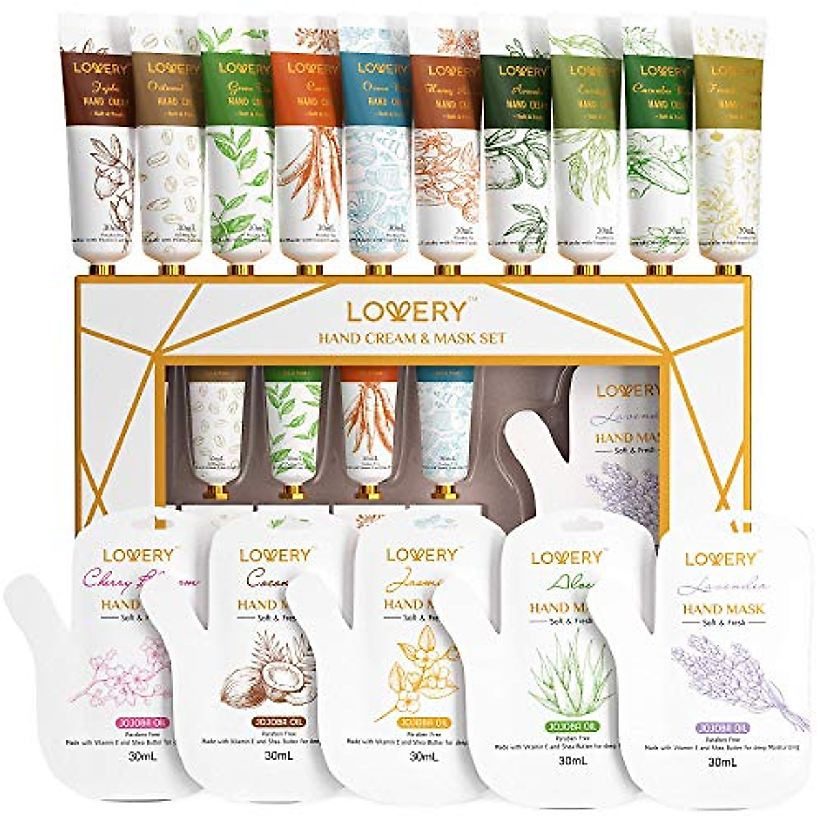 LOVERY Hand Cream and Hand Mask Gift Set - 10 Scented Moisturizing Hand Lotions & 5 Deep Conditioning Hand Masks Shea Butter, Vitamin E and Jojoba Oil - Gifts for Women, Men, Mom, and Birthday