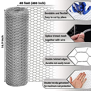 Chicken Wire Fencing Mesh, 16.9 Inch x 40 Feet Metal Floral Chicken Wire Fence for Crafts Poultry Garden, 0.6 Inch Hexagonal Galvanized Hardware Cloth Netting for Chicken Coop Barrier Rabbit Cage