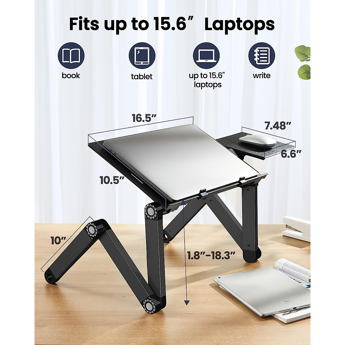 HUANUO Adjustable Laptop Stand, Laptop Desk for up to 15.6" Laptops, Portable Laptop Table Stand with 2 CPU Fans, Detachable Mouse Pad, Ergonomic Lap Desk for Laptop, TV Bed Tray, Standing Desk