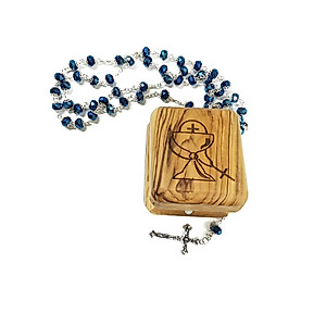 LION OF JUDAH MARKET Olive Wood First Communion Jewelry Box with Rosary Deep Blue Glass