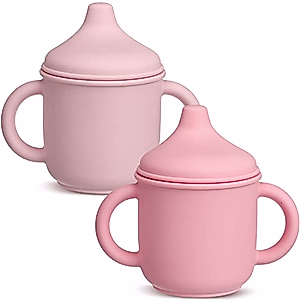 2 Pcs Silicone Sippy Cup Training Cup for Baby 6 Months+ Soft Baby Cup with Straw Spill Proof Sippy Cups for Toddlers with Handles and Spout Lid Easy Grip 5 Oz (Pink Series, Solid Style)