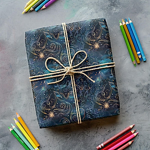 RiukRaiu Galaxy Wrapping Paper for Kids - Blue Gold Night Sky Nebula Star Gift Wrap for Birthday, Party, Holiday – 8 Folded Sheets 20 x 29 Inch, Easy to Store