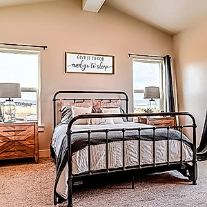 Framed Give it to God and Go to Sleep Signs 36”x12” Above Bed Wall Decors Wall Art for Bedroom Wood Signs (36X12 inch, Brown)