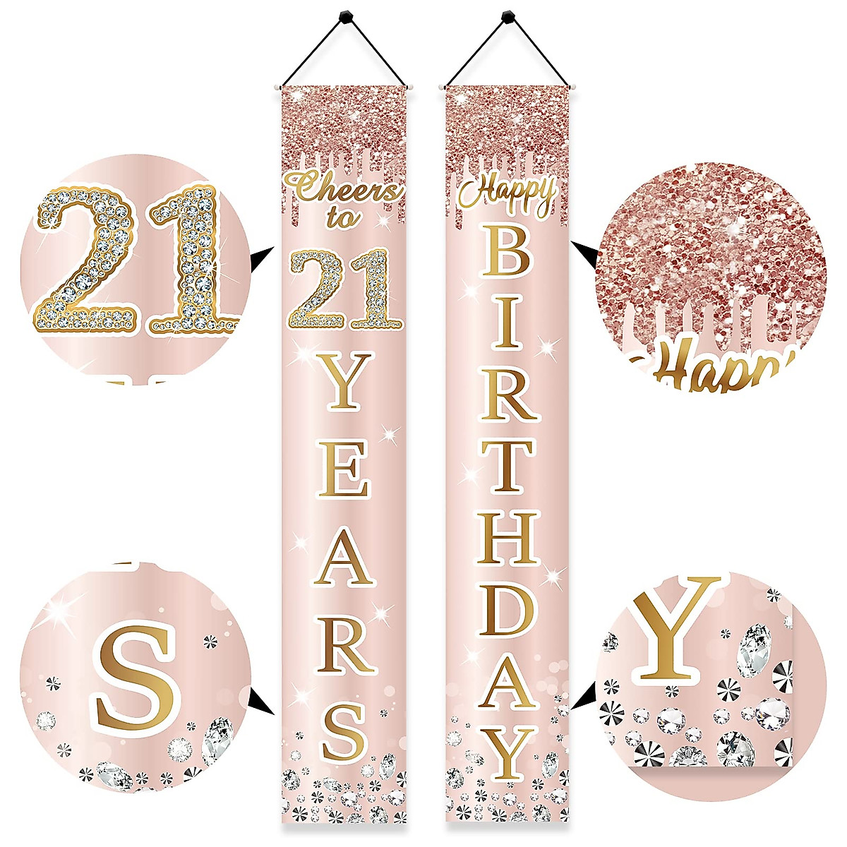 21st Birthday Door Banner Decorations for Her, Pink Rose Gold Happy 21 Birthday Door Porch Backdrop Party Supplies, Happy Birthday Cheers to 21 Years Sign Decor