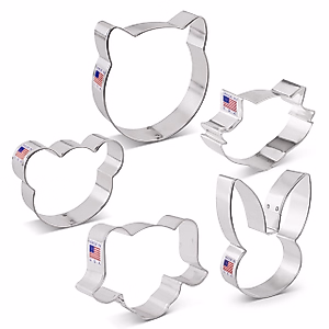 Animal Faces Cookie Cutters 5-Pc. Set Made in the USA by Ann Clark, Cat, Dog, Bear, Raccoon/Fox, Bunny