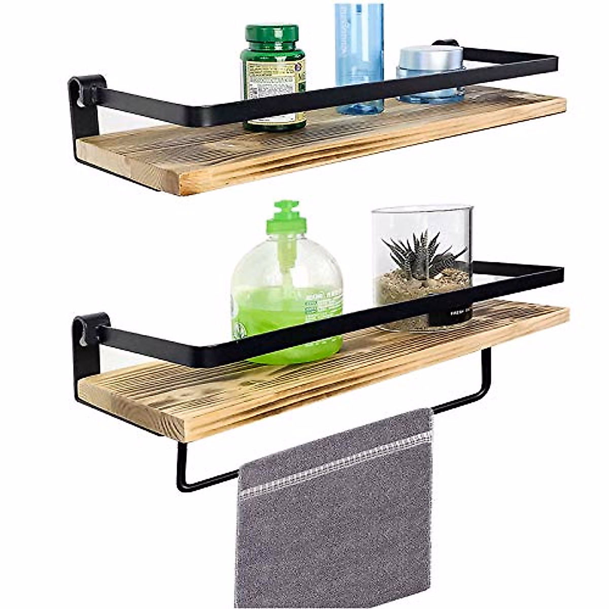 MY RUSTIC Floating Shelves for Wall Mounted with Rails Decorative Storage Shelves for Kitchen, Bathroom, Matte Black Metal Frame - Set of 2