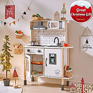 Tiny Land Play Kitchen for Kids, Wooden Kids Play Kitchen Playset Chef Pretend Play Set for Toddlers with Real Lights & Sounds, Toys Kitchen with 18 Pcs Toy Food & Cookware Accessories