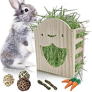 Hamiledyi Wood Rabbit Hay Feeder for Cage Bunny Hay Manger Rack Small Animals Feeding Holder Wooden Grass Dispenser with Chew Toys for Guinea Pig Chinchilla Hamster 9Pcs