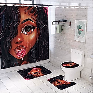Byitre 4PCS Shower Curtain Set with Rugs,Toilet Lid Cover and U-Shaped Mat,African American Shower Curtains for Bathroom Waterproof Polyester Black Women Bathroom Sets, 71'' x 71''