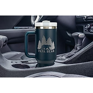 Elanze Designs Papa Bear Forest Trees Dad Grandpa 40 oz. Stainless Steel, Large Water Bottle Coffee Mug, Spill & Leak Resistant, Thermal Travel Tumbler with Handle, Lid & Straw, Navy Blue