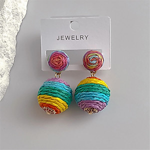 Bohemian Woven Rattan Straw Wicker Raffia Ball Drop Dangle Earring for Women Handmade Lightweight Statement Geometric Round Earring Retro Boho Summer Beach Jewelry-K rainbow-2