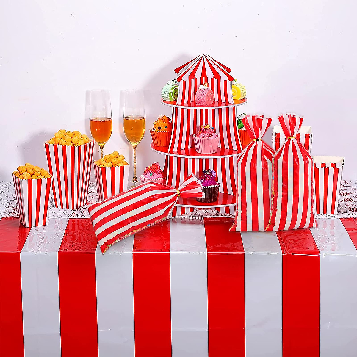 100 Pcs Carnival Treat Bags Circus Carnival Cellophane Candy Bags Red and White Stripe Plastic Goodie Storage Bags Carnival Party Favor Bags with Twist Ties for Circus Carnival Party Favor