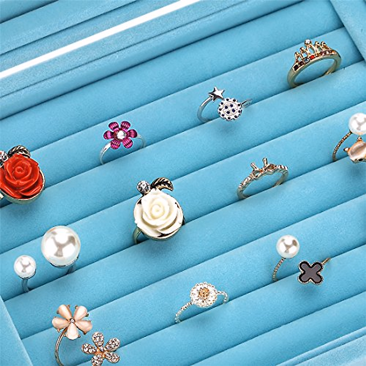 GSLSTGS Velvet Glass Jewelry Display Storage Box Ring Earrings Jewelry Box Ring Holder Case, 2 clasps (Light Blue)