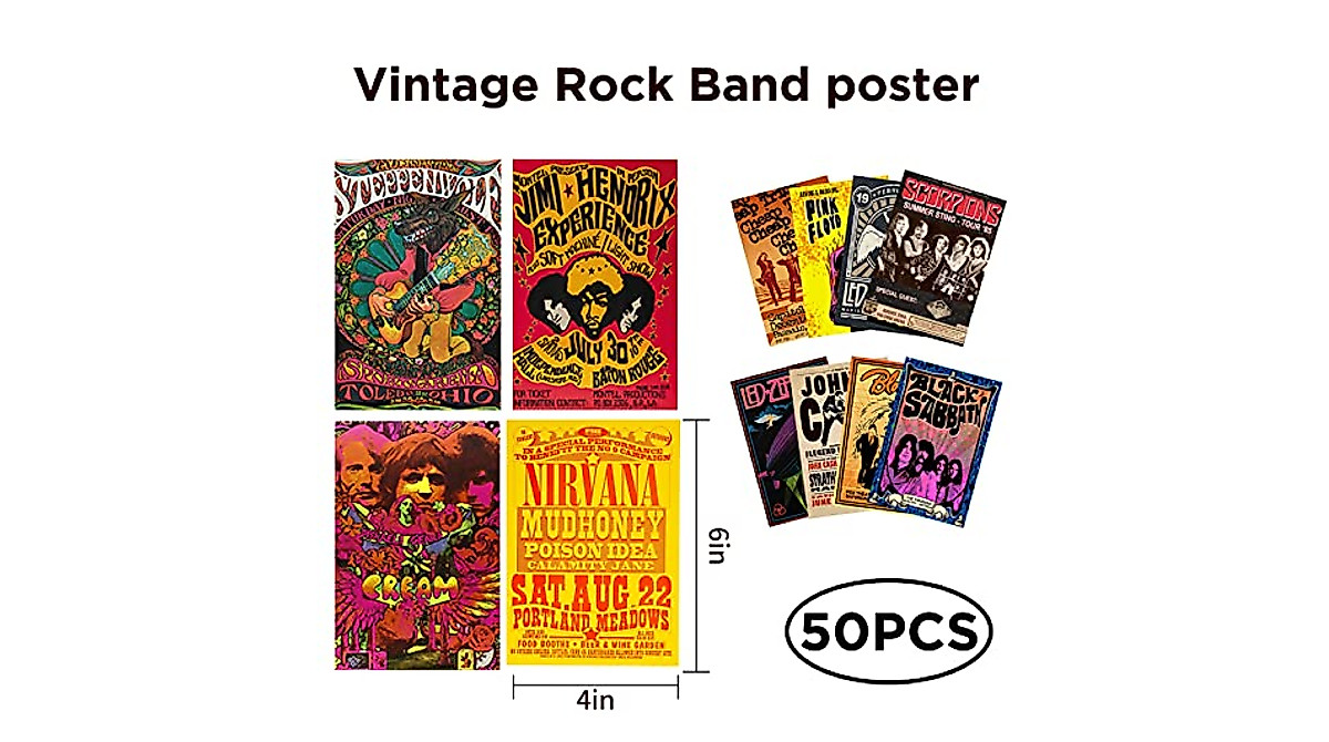 Vintage Rock Band Posters - 50-Piece Retro Wall Collage Kit
