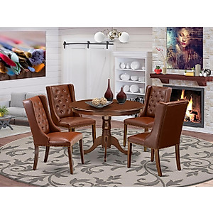 East West Furniture HLFO5-MAH-46 5 Piece Kitchen Table Set for 4 Includes a Round Dining Table with Pedestal and 4 Brown Faux Faux Leather Parson Dining Chairs, 42x42 Inch, Mahogany
