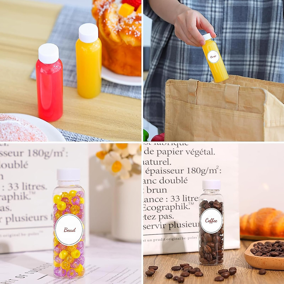 Moretoes 20pcs 2oz Small Plastic Beverage Bottle, Clear Juice Bottle with Lid, Reusable Leak-proof Containers with Cap for Juices, Ginger Shot, Shampoos and Other Liquids