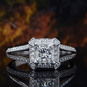 Princess Cut Engagement Rings for Women White Gold 1-1/3 Carat(ctw) Moissanite Engagement Ring Platinum Plated Silver 10K 14K 18K Gold Wedding Anniversary Promise Rings with Text Engraving(Platinum Plated Silver)