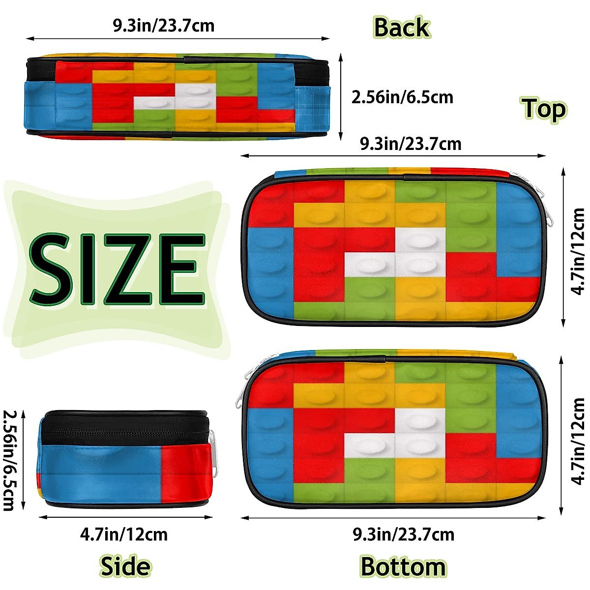 Building Block Big Capacity Pencil Pen Case Colorful Large Pencil Pouch with Zipper Compartments Pencil Bag for Boys Girls Adults Student Office School Supplies