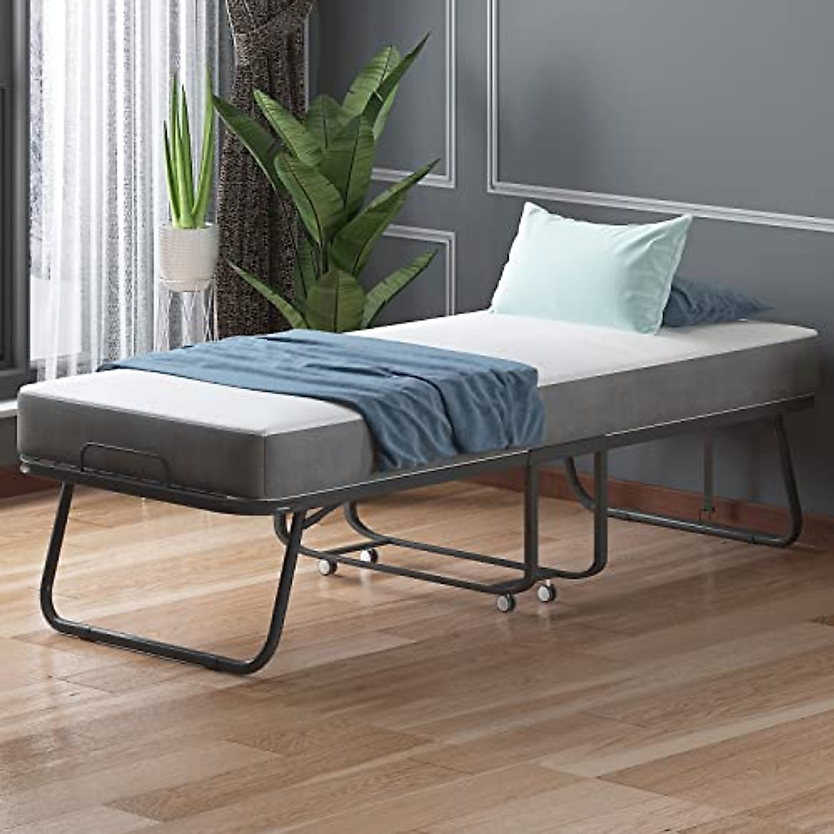 ZAFLY Folding Bed with 4 Inch Mattress,Rollaway Folding Guest Bed Fold Up Bed with Lockable Wheels,Space Saving Foldable Bed Portable Bed,Rollaway Bed with Folding Mattress for Adults,75 x 31 Inch