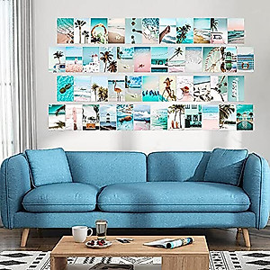 Teal Wall Collage Kit Aesthetic Pictures 50Pcs 4x6 Inch Summer Beach Collage Print Kit Vocation Posters for Room Decor Bule Photo Collage Kit for Wall Aesthetic Holiday Room Decor for Teen Girls